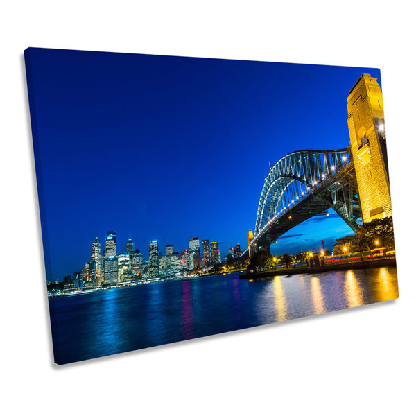 Ebern Designs Sydney Harbour Bridge City Blue Wrapped Canvas Print